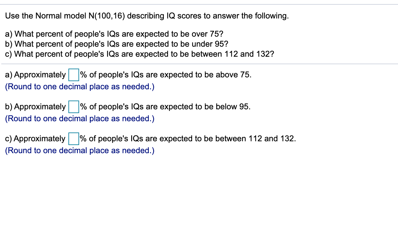 Solved Use the Normal model N(100,16) describing IQ scores | Chegg.com