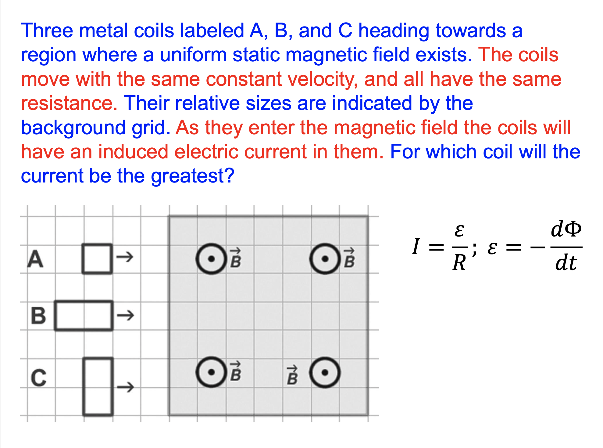 Solved Three metal coils labeled A,B, and C heading towards | Chegg.com