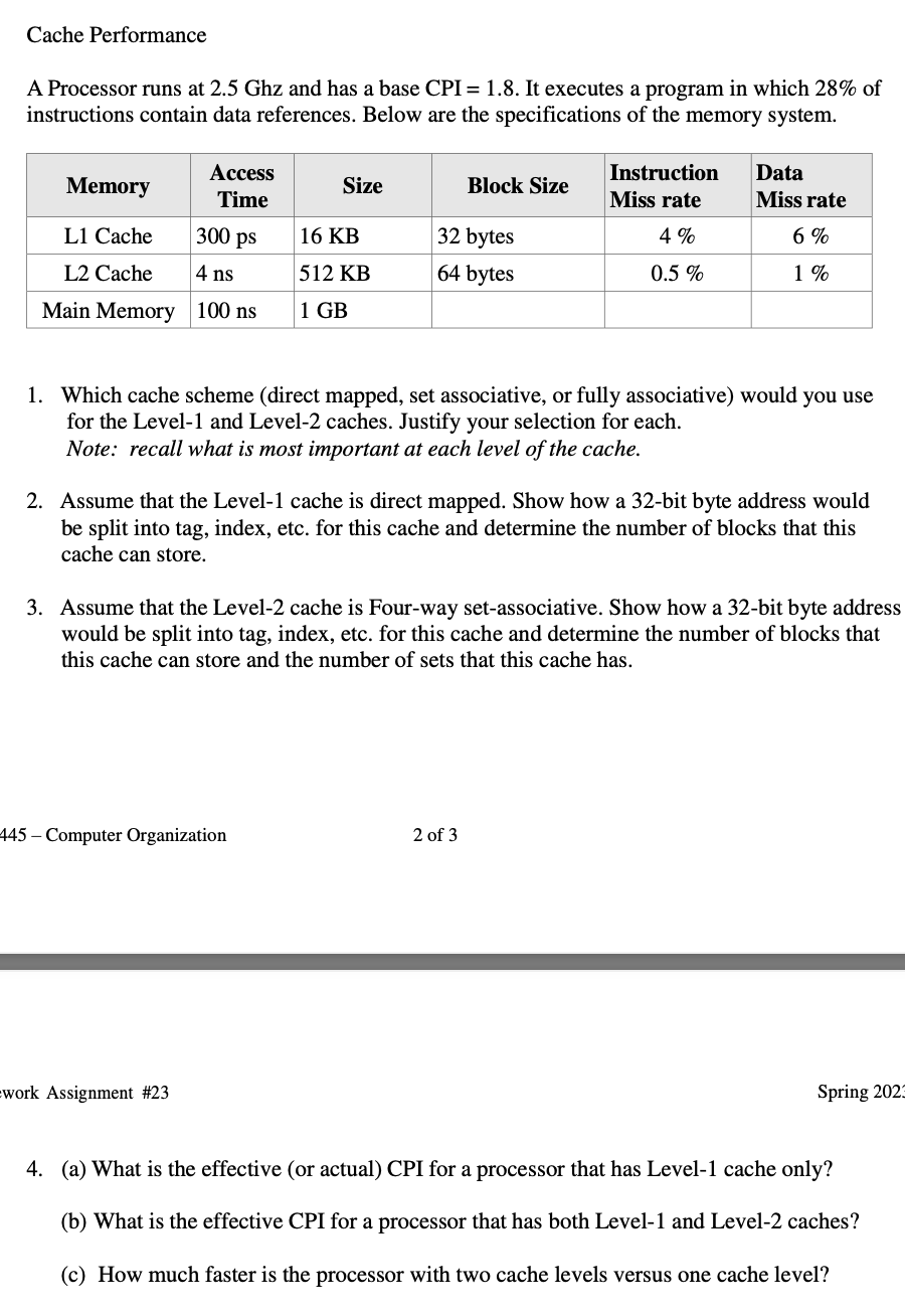Cache Performance A Processor runs at 2.5Ghz and has | Chegg.com