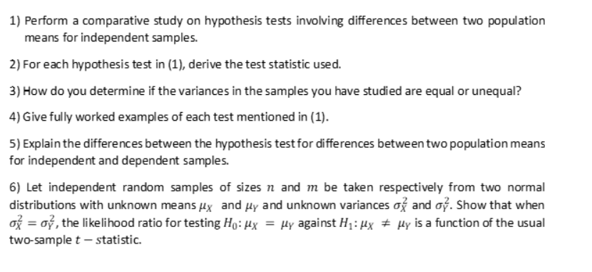 Solved 1) Perform a comparative study on hypothesis tests | Chegg.com