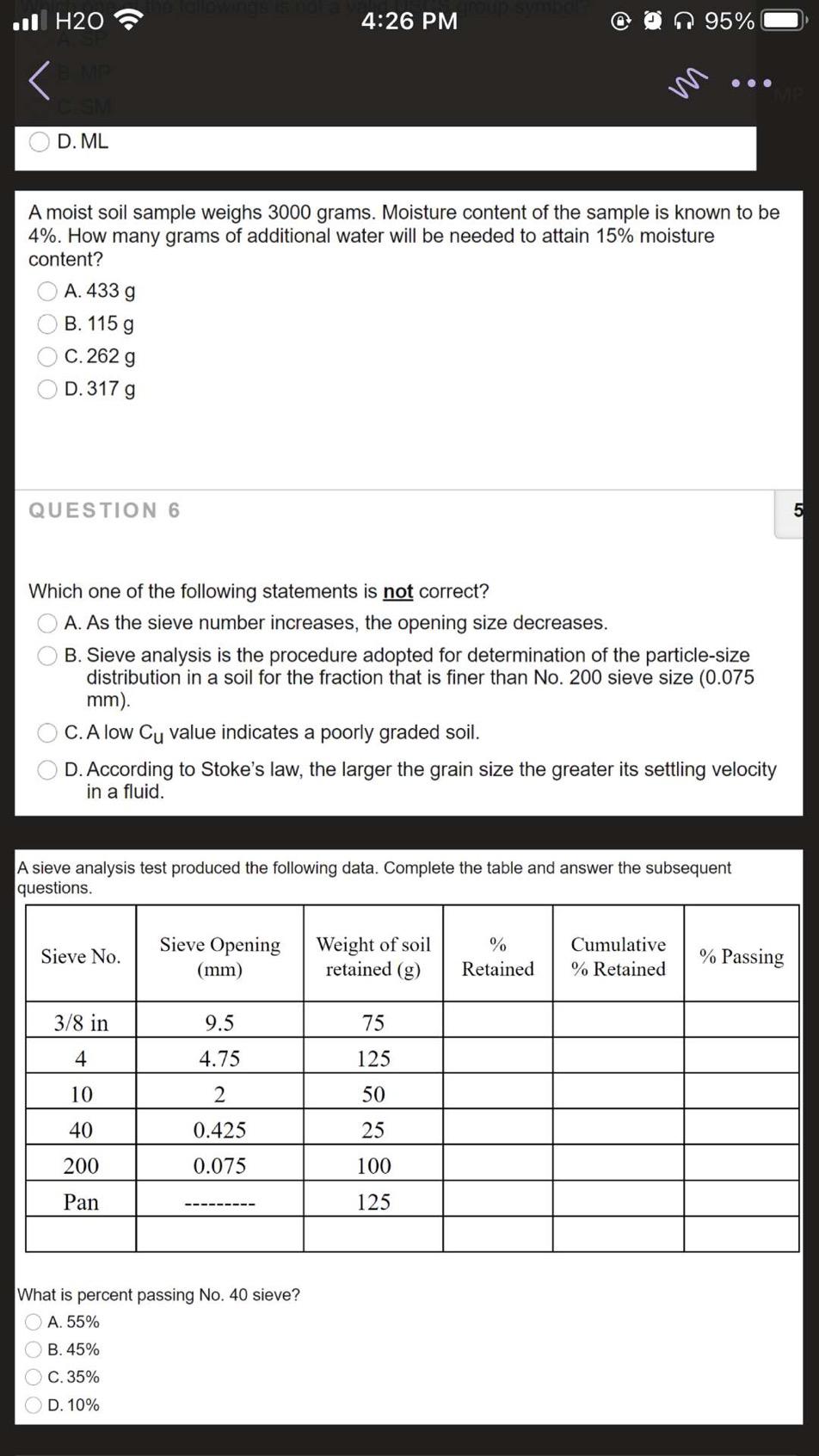 Solved I H20 4:26 PM 95% D. ML A moist soil sample weighs | Chegg.com