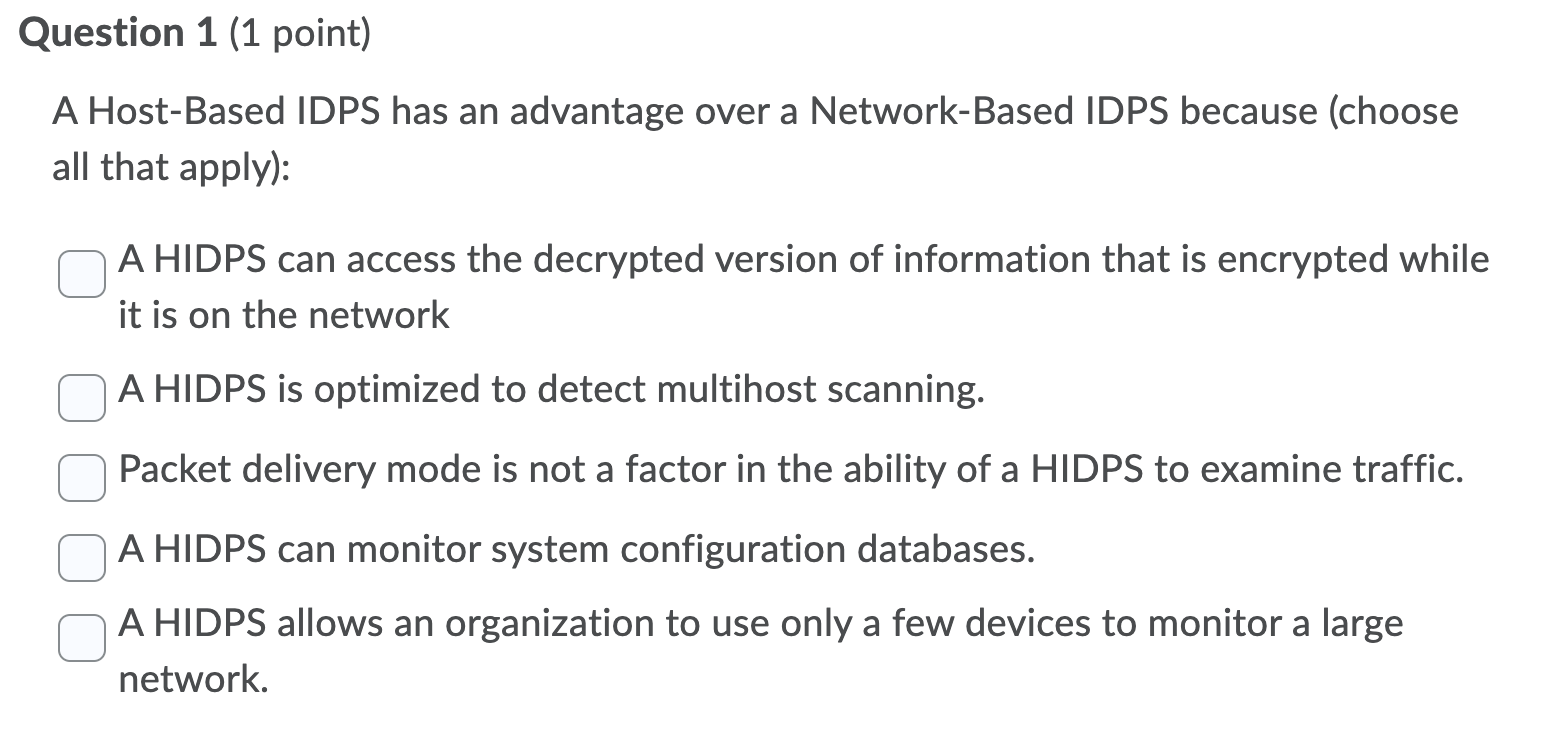Question 1 (1 point) A Host-Based IDPS has an | Chegg.com