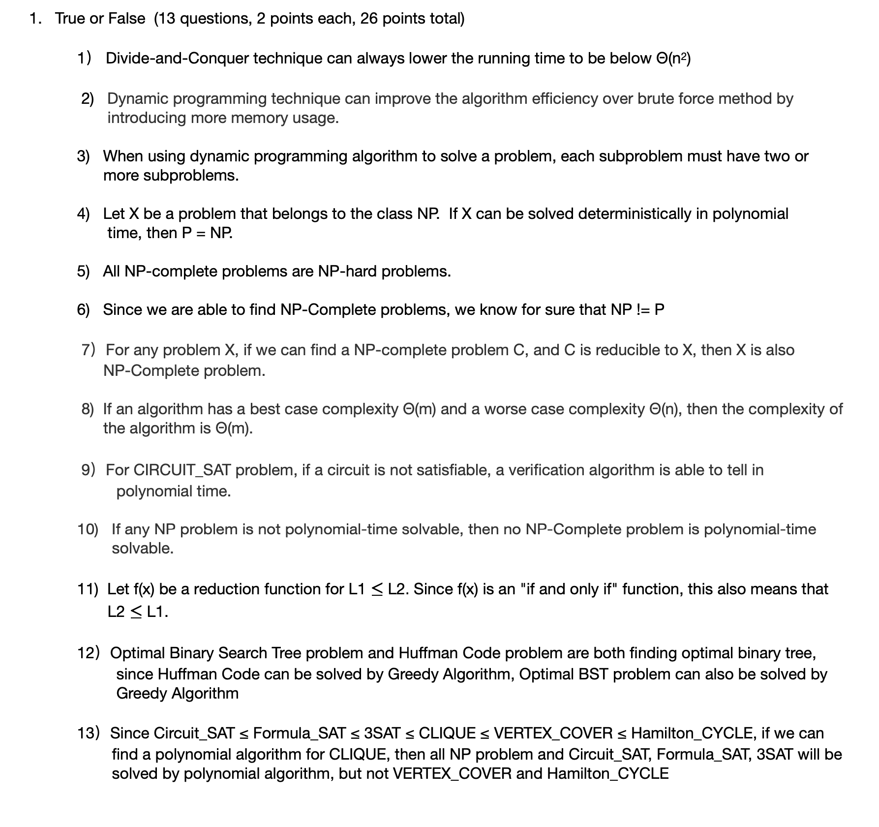 Solved 1. True or False (13 questions, 2 points each, 26 | Chegg.com