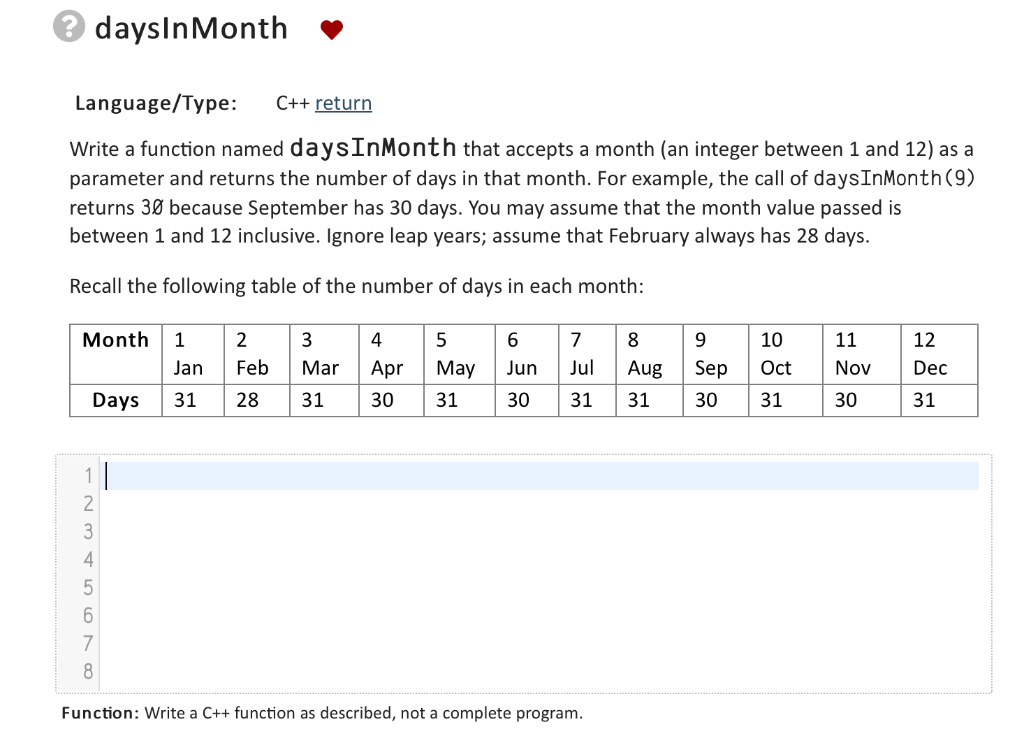 Solved daysInMonth Language/Type: C++ return Write a | Chegg.com