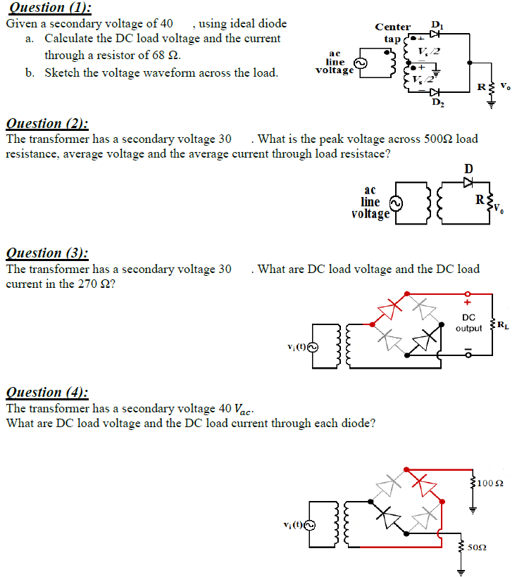Solved Ouestion (1): Given a secondary voltage of 40 , using | Chegg.com Solved Ouestion (1): Given a secondary voltage of 40 , using | Chegg.com