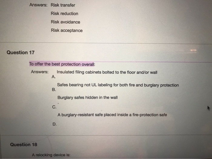 Solved Answers: Risk transfer Risk reduction Risk avoidance | Chegg.com