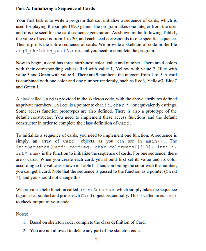 Solved Part A. Initializing a Sequence of Cards Your first | Chegg.com