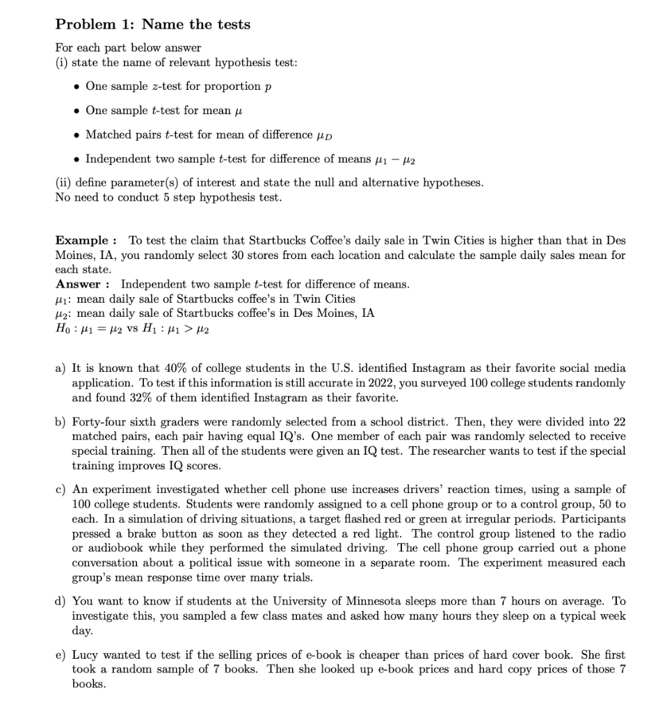 Solved Problem 1: Name the tests For each part below answer | Chegg.com