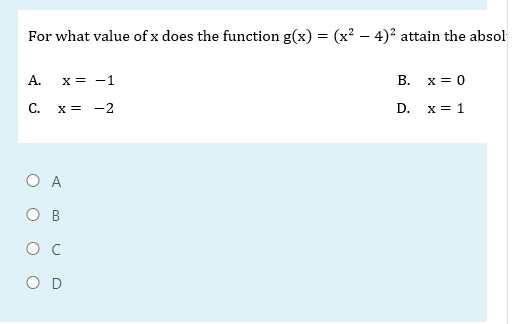 Solved For what value of x does the function g(x)=(x2−4)2 | Chegg.com