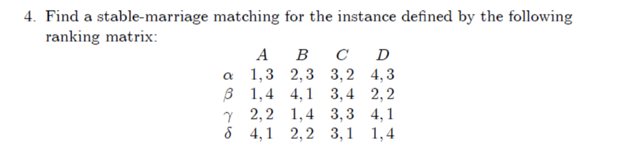 Solved 4. Find a stable-marriage matching for the instance | Chegg.com