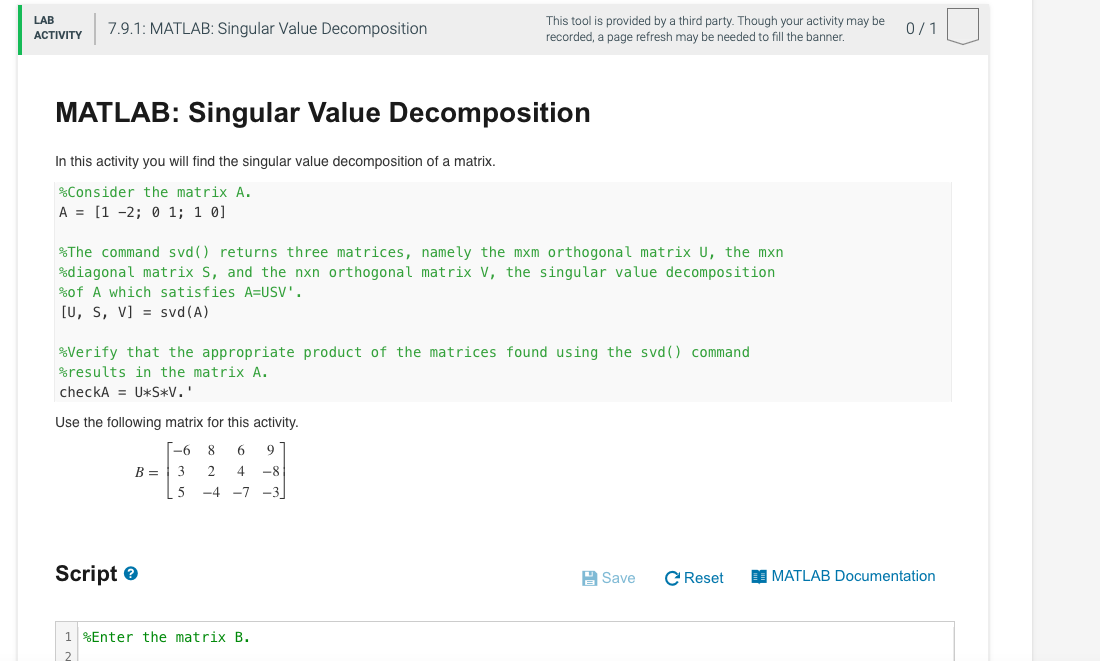 Solved 7.9.1: MATLAB: Singular Value Decomposition This tool | Chegg.com