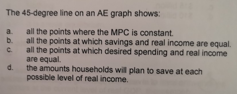 Solved The 45-degree line on an AE graph shows: a. b. C. all | Chegg.com