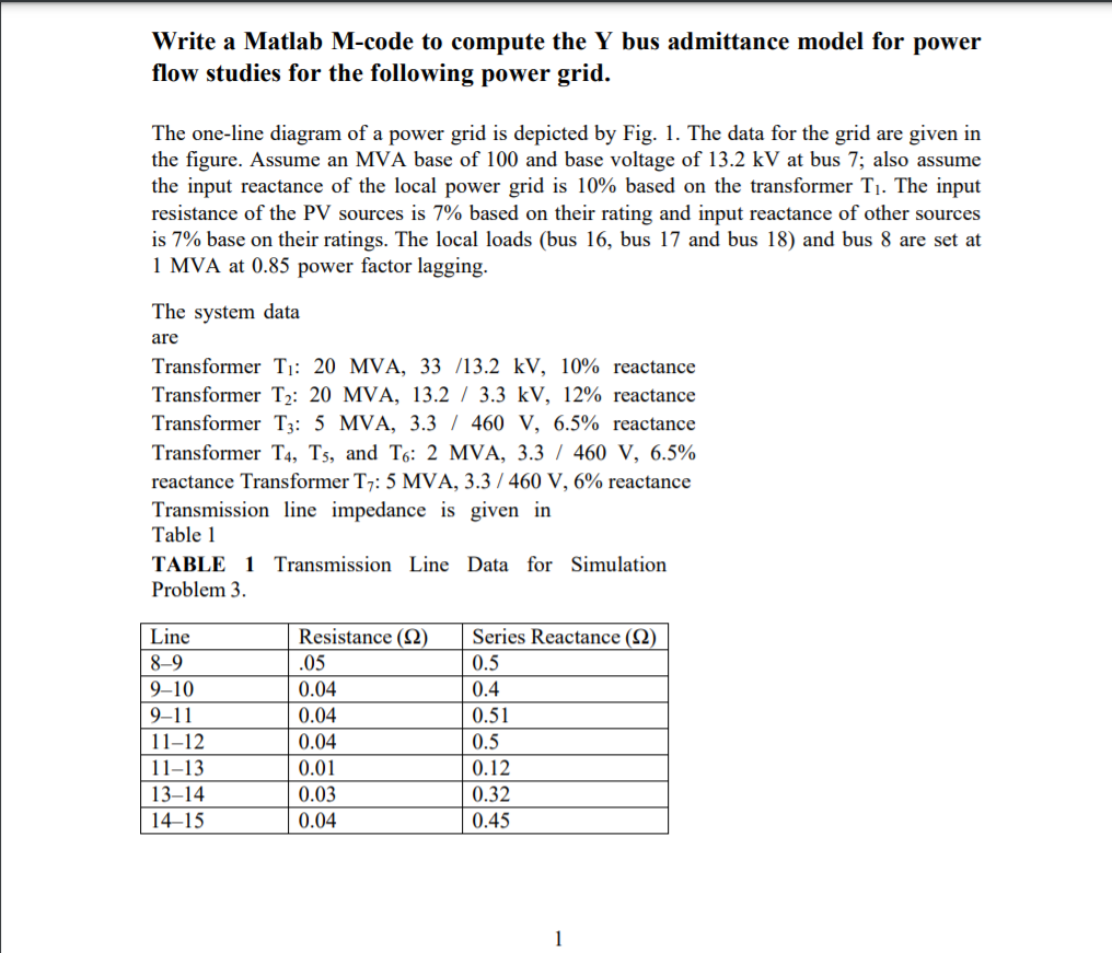 Solved Write a Matlab M-code to compute the Y bus admittance | Chegg.com