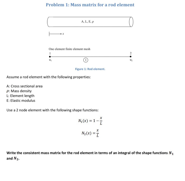 Solved Problem 1: Mass matrix for a rod element A,L,E, ρ One | Chegg.com