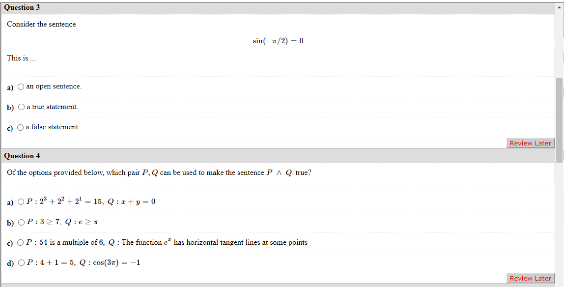Solved Consider the sentence sin(−π/2)=0 This is ... a) an | Chegg.com
