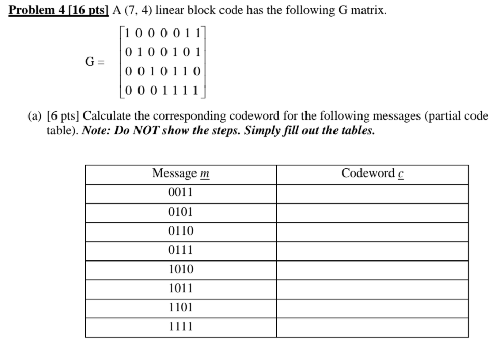 Solved (b) [2 pts] Write down the parity check matrix H. | Chegg.com