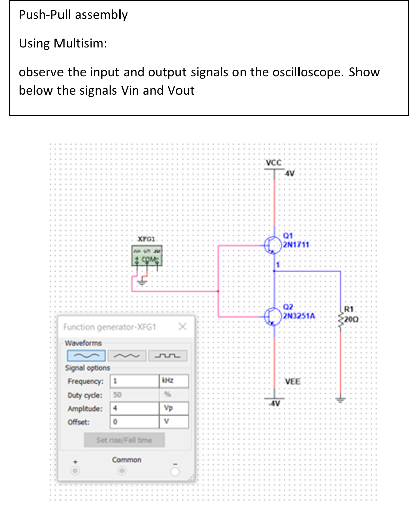 Solved Push-Pull assembly Using Multisim: observe the input | Chegg.com