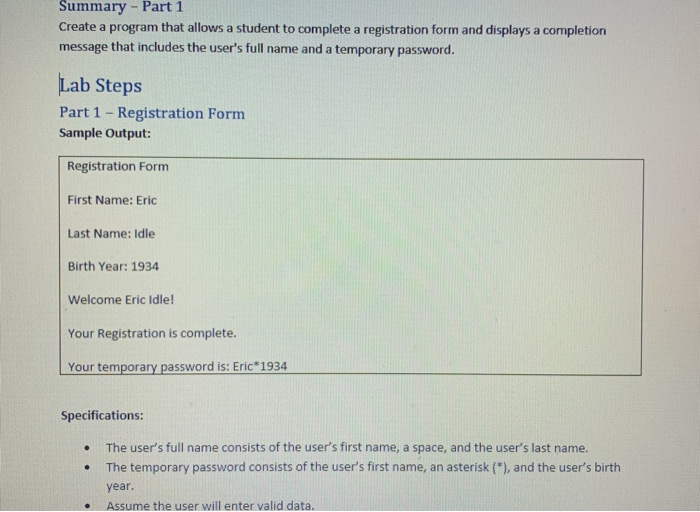 Solved Summary - Part 1 Create a program that allows a | Chegg.com