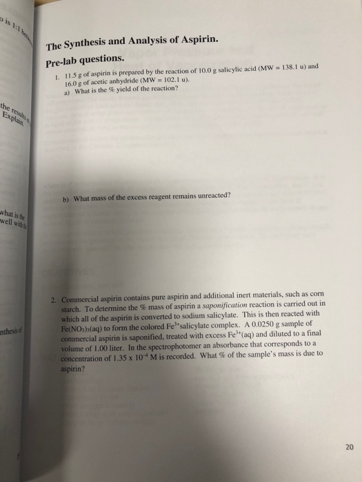 Solved The Synthesis and Analysis of Aspirin Pre-lab | Chegg.com Solved The Synthesis and Analysis of Aspirin Pre-lab | Chegg.com