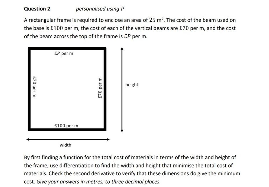 Solved A rectangular frame is required to enclose an area of | Chegg.com