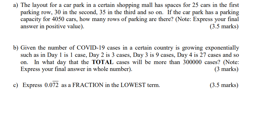 Solved a) The layout for a car park in a certain shopping | Chegg.com