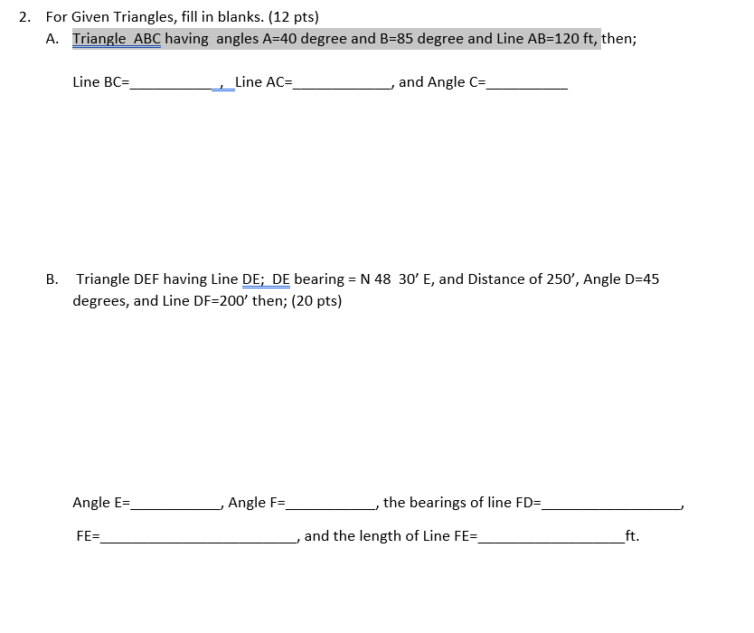 Solved 2. For Given Triangles, fill in blanks. (12 pts) A. | Chegg.com
