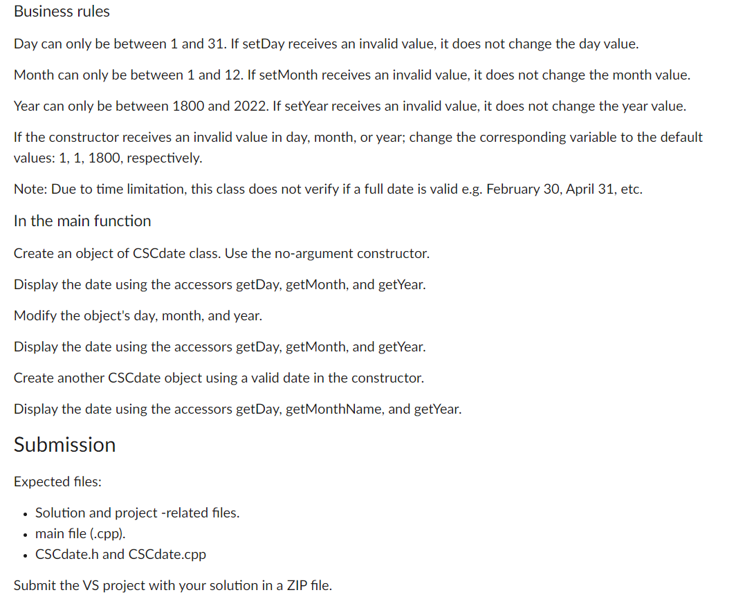 Solved Create The Cscdate Class Cscdateh And Cscdatecpp 3937