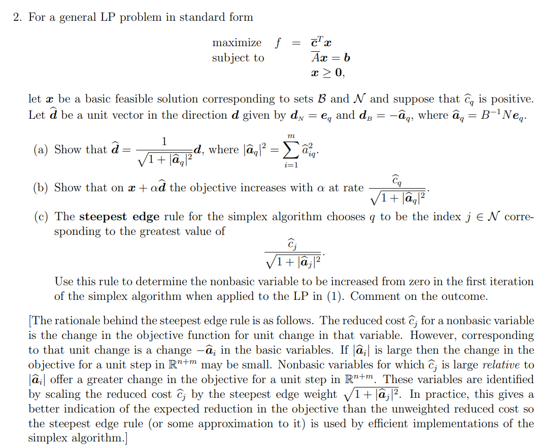 2. For a general LP problem in standard form cx | Chegg.com