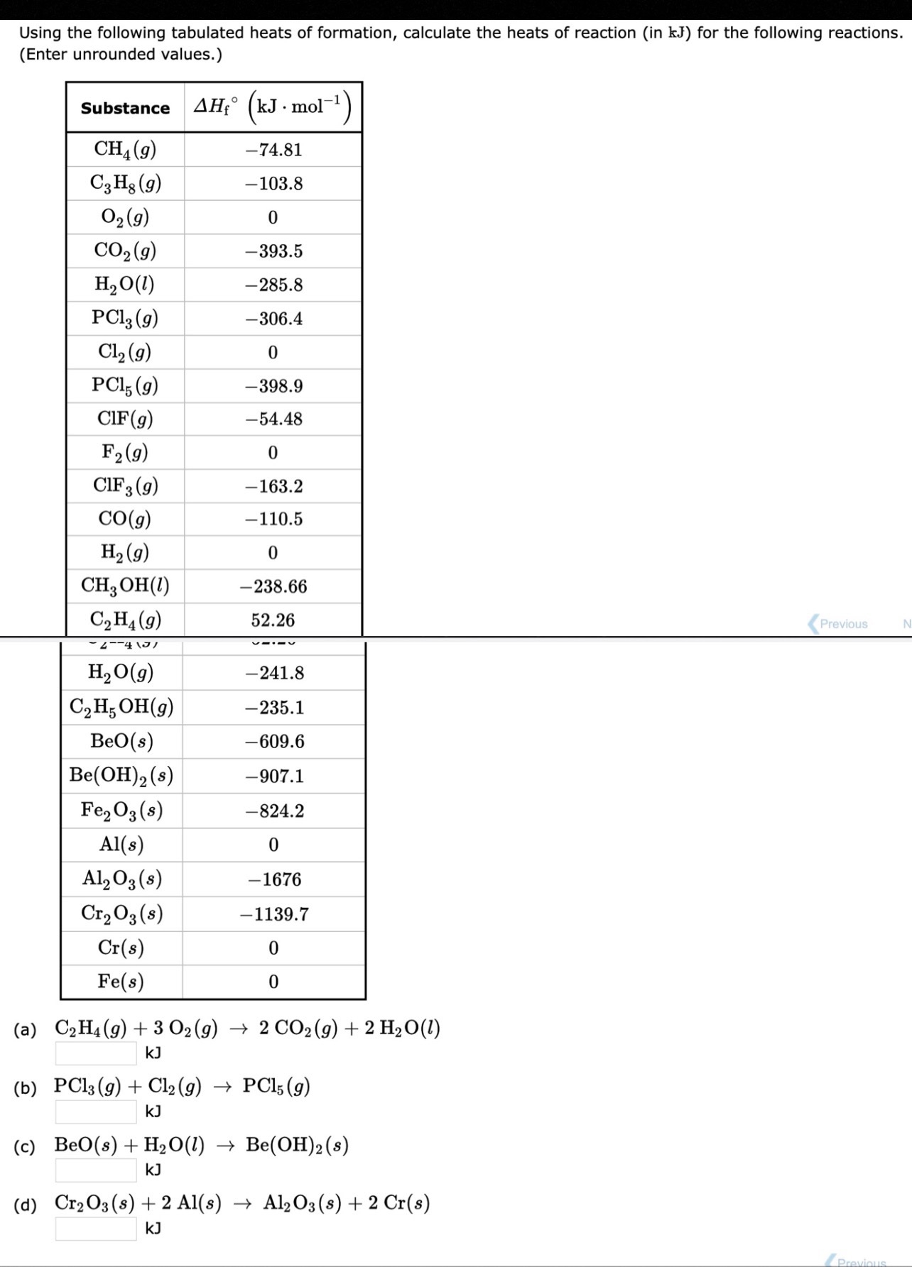 Solved Using The Following Tabulated Heats Of Formation 