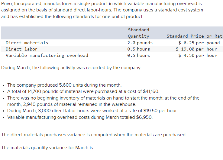 Solved Puvo, Incorporated, manufactures a single product in | Chegg.com