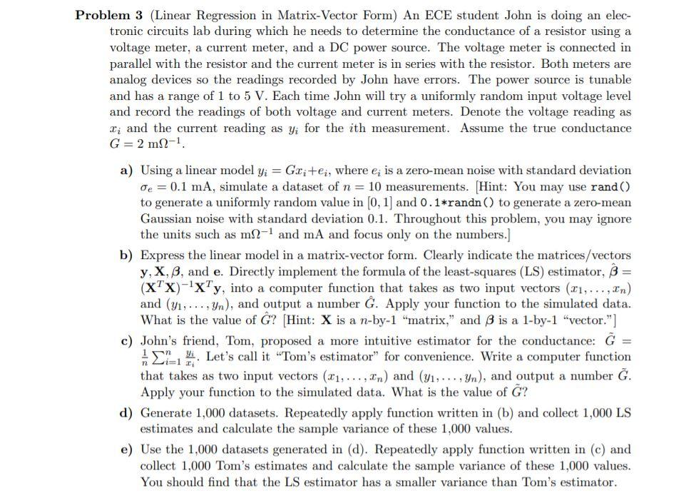 Problem 3 (Linear Regression in Matrix-Vector Form) | Chegg.com