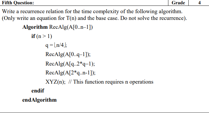 Solved Fifth Question: Grade Write a recurrence relation for | Chegg.com