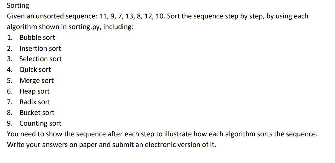 Solved Sorting Given An Unsorted Sequence 11 9 7 13 8 