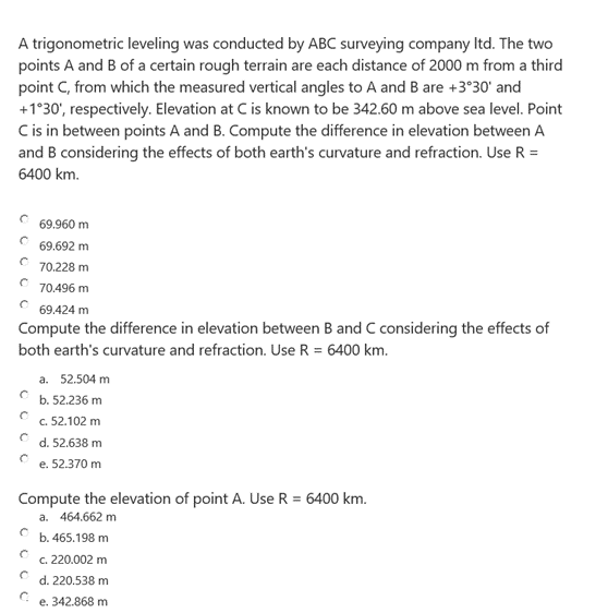 Solved A trigonometric leveling was conducted by ABC | Chegg.com