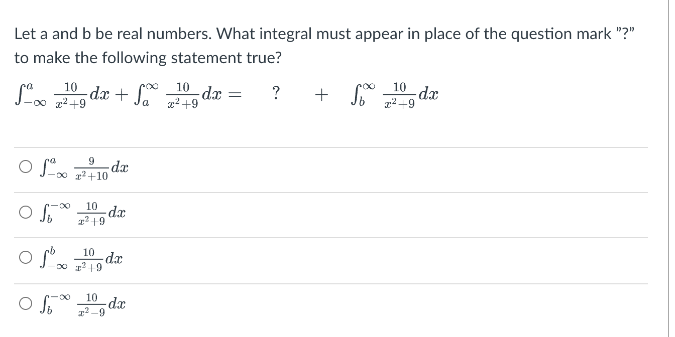 Solved Let a and b ﻿be real numbers. What integral must | Chegg.com