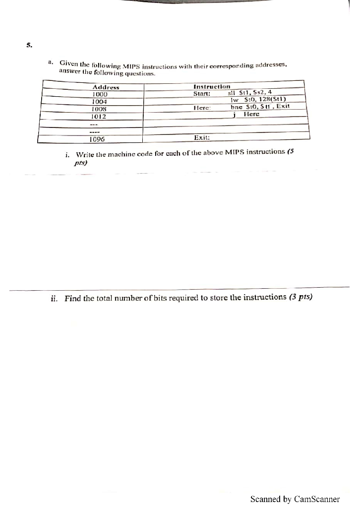 Solved 5. Given the following MIPS instructions with their | Chegg.com