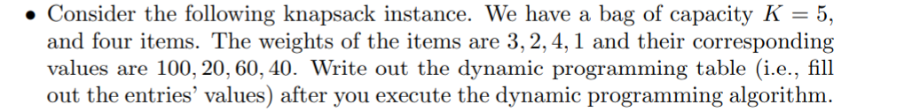 Consider the following knapsack instance. We have a | Chegg.com