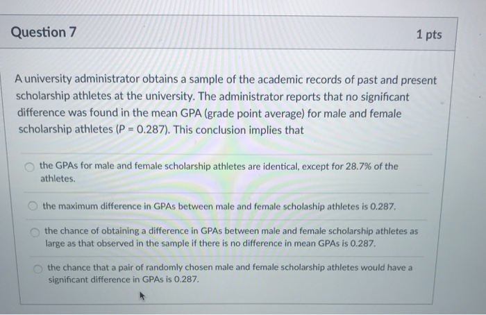 Solved Question7 1 pts A university administrator obtains a | Chegg.com