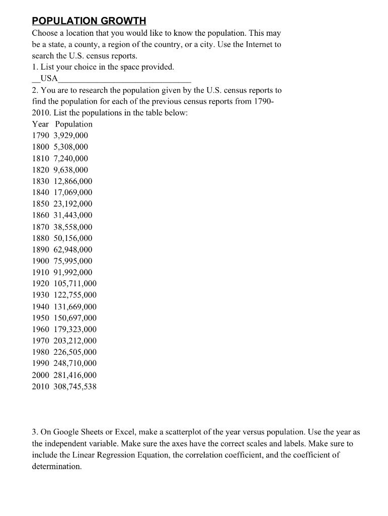 Solved POPULATION GROWTH Choose a location that you would | Chegg.com