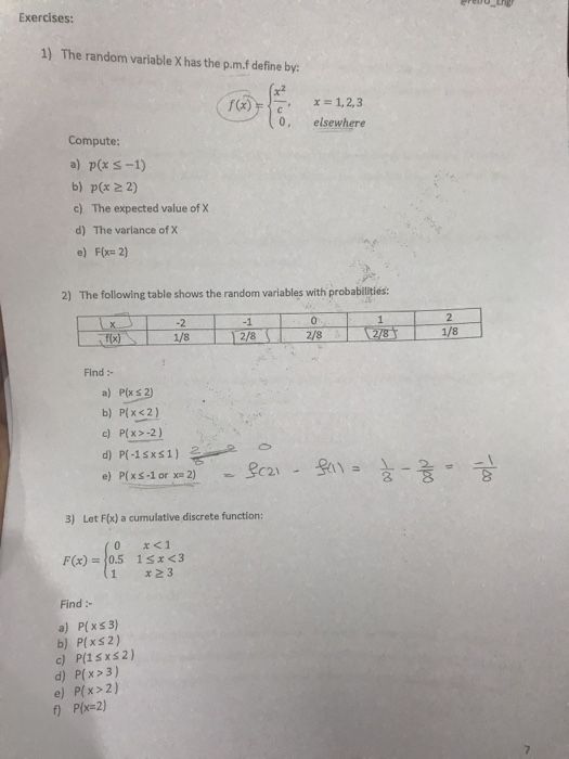 Solved Exercises 1) The random variable X has the p.m.f | Chegg.com