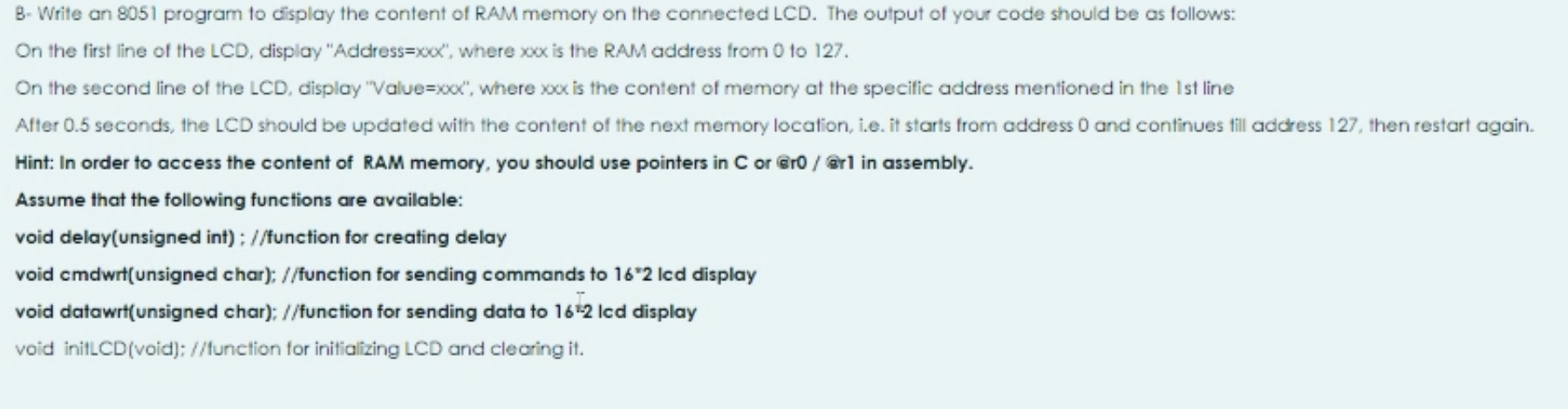 Solved B- Write an 8051 program to display the content of | Chegg.com
