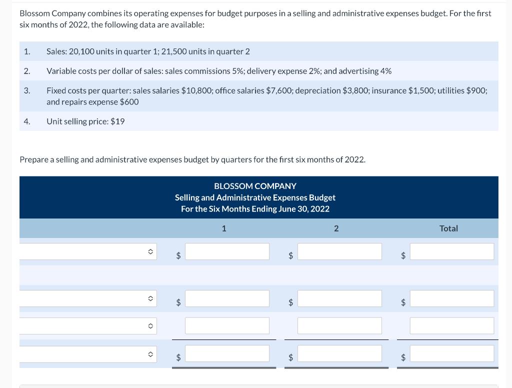 Solved Blossom Company combines its operating expenses for | Chegg.com