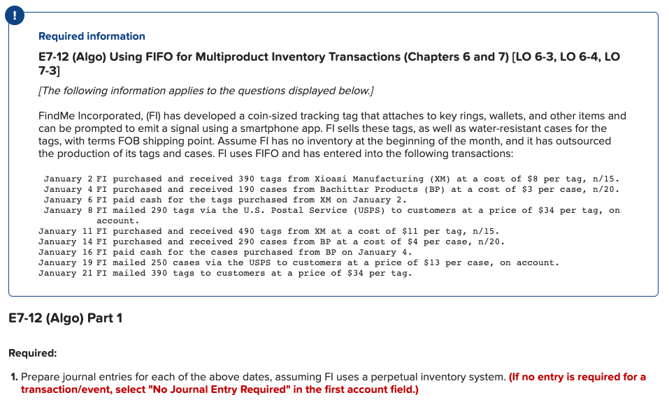 Solved ! Required information E7-12 (Algo) Using FIFO for | Chegg.com