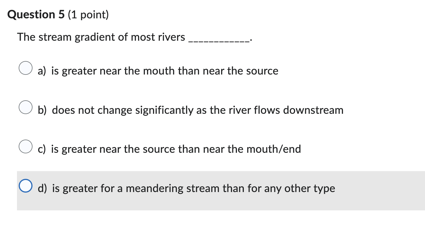 Solved Question 5 (1 ﻿point)The stream gradient of most | Chegg.com