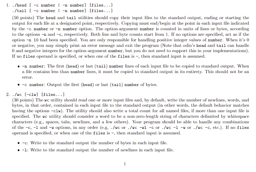 Solved 1. ./head [ -c number | -n number] [files...] ./tail | Chegg.com
