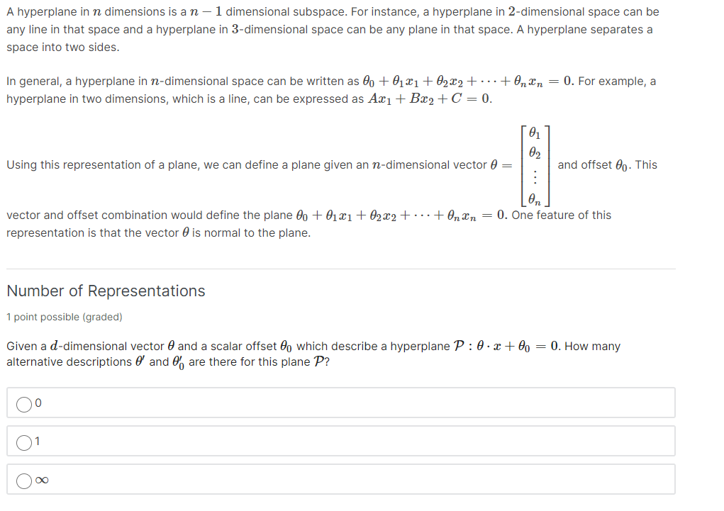 Solved A hyperplane in n dimensions is a n-1 dimensional | Chegg.com