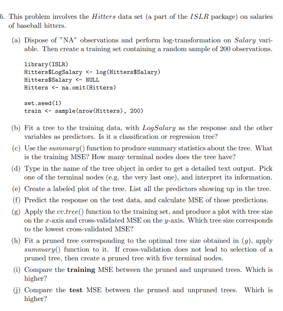 6. This problem involves the Hitters data set (a part | Chegg.com