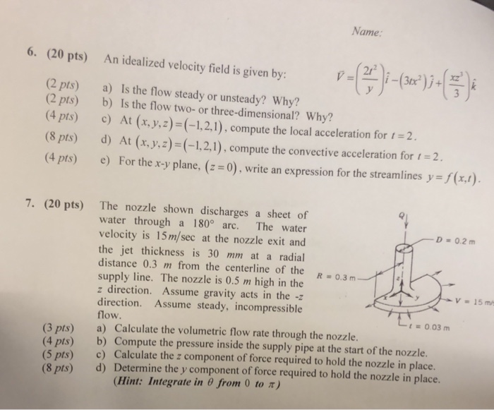 Solved Name: r(,)-(3x2) (20 pts) An idealized velocity field | Chegg.com