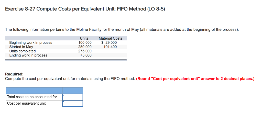 Solved Exercise 8-27 Compute Costs per Equivalent Unit: FIFO | Chegg.com