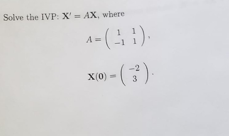 Solved Solve the IVP: X, = AX, where A=(-1 1 X(0) =(3) | Chegg.com